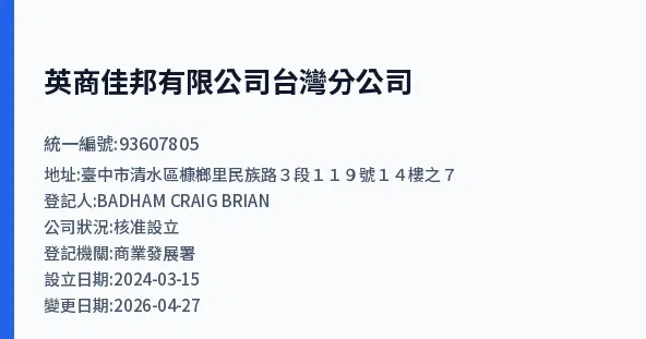 英商佳邦有限公司台灣分公司的照片-統編 93607805(臺中市) 公司登記資料與營業項目詳細圖表
