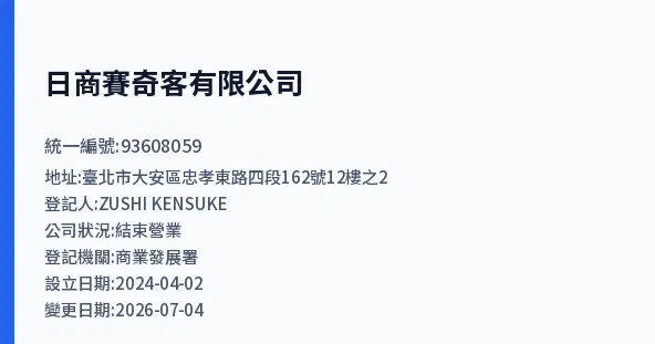 日商賽奇客有限公司的照片-統編 93608059(臺北市) 公司登記資料與營業項目詳細圖表