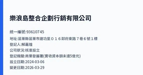 樂浪島整合企劃行銷有限公司的照片-統編 93610745(苗栗縣) 公司登記資料與營業項目詳細圖表