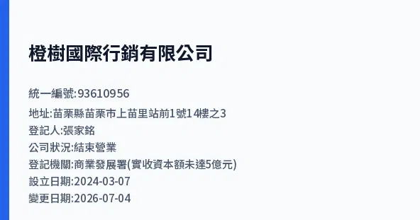 橙樹國際行銷有限公司的照片-統編 93610956(苗栗縣) 公司登記資料與營業項目詳細圖表
