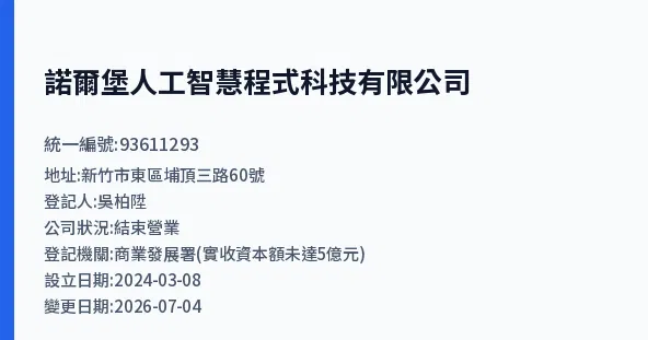 諾爾堡人工智慧程式科技有限公司的照片-統編 93611293(新竹市) 公司登記資料與營業項目詳細圖表