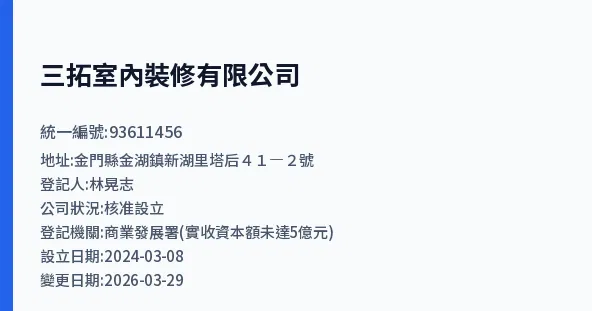 三拓室內裝修有限公司的照片-統編 93611456(金門縣) 公司登記資料與營業項目詳細圖表