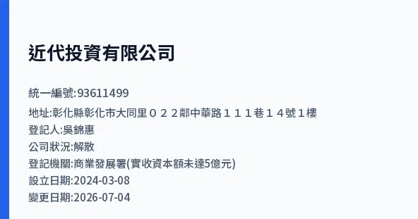 近代投資有限公司的照片-統編 93611499(彰化縣) 公司登記資料與營業項目詳細圖表