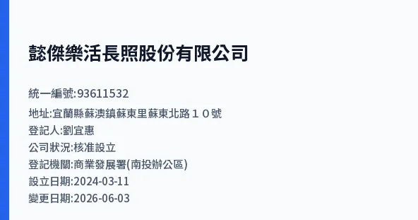 懿傑樂活長照股份有限公司的照片-統編 93611532(宜蘭縣) 公司登記資料與營業項目詳細圖表