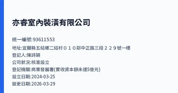 亦睿室內裝潢有限公司的照片-統編 93611553(宜蘭縣) 公司登記資料與營業項目詳細圖表