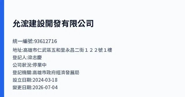 允浤建設開發有限公司的照片-統編 93612716(高雄市) 公司登記資料與營業項目詳細圖表