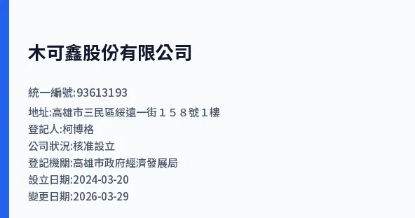 木可鑫股份有限公司的照片-統編 93613193(高雄市) 公司登記資料與營業項目詳細圖表