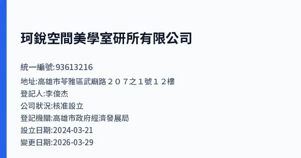 珂銳空間美學室研所有限公司的照片-統編 93613216(高雄市) 公司登記資料與營業項目詳細圖表