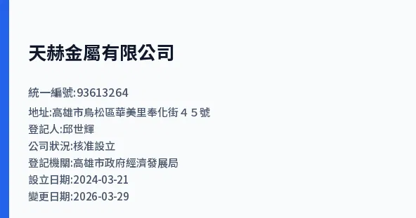 天赫金屬有限公司的照片-統編 93613264(高雄市) 公司登記資料與營業項目詳細圖表