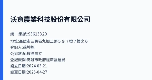 沃育農業科技股份有限公司的照片-統編 93613320(高雄市) 公司登記資料與營業項目詳細圖表