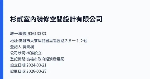 杉貳室內裝修空間設計有限公司的照片-統編 93613383(高雄市) 公司登記資料與營業項目詳細圖表