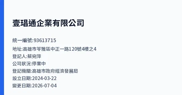 壹琩通企業有限公司的照片-統編 93613715(高雄市) 公司登記資料與營業項目詳細圖表
