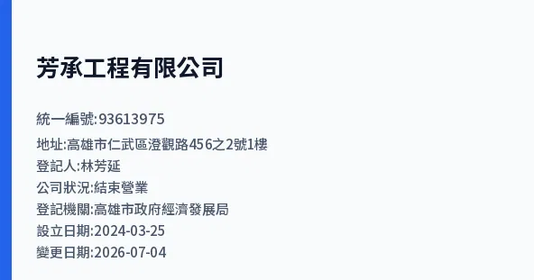 芳承工程有限公司的照片-統編 93613975(高雄市) 公司登記資料與營業項目詳細圖表