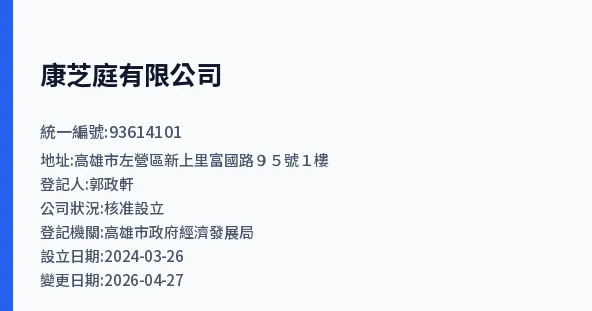 康芝庭有限公司的照片-統編 93614101(高雄市) 公司登記資料與營業項目詳細圖表