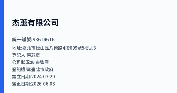 杰蕙有限公司的照片-統編 93614616(臺北市) 公司登記資料與營業項目詳細圖表
