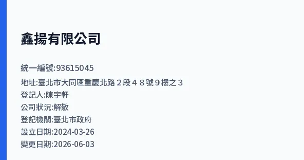 鑫揚有限公司的照片-統編 93615045(臺北市) 公司登記資料與營業項目詳細圖表