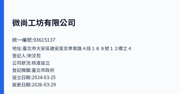 微尚工坊有限公司的照片-統編 93615137(臺北市) 公司登記資料與營業項目詳細圖表