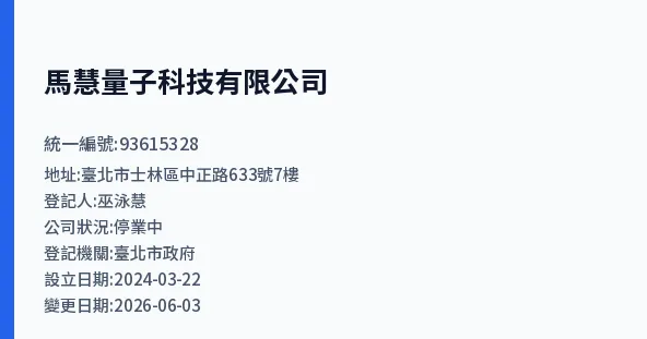馬慧量子科技有限公司的照片-統編 93615328(臺北市) 公司登記資料與營業項目詳細圖表