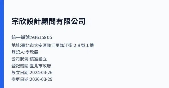 宗欣設計顧問有限公司的照片-統編 93615805(臺北市) 公司登記資料與營業項目詳細圖表