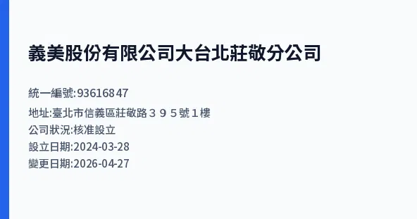 義美股份有限公司大台北莊敬分公司的照片-統編 93616847(臺北市) 公司登記資料與營業項目詳細圖表