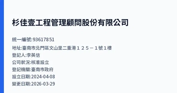 杉佳壹工程管理顧問股份有限公司的照片-統編 93617851(臺南市) 公司登記資料與營業項目詳細圖表