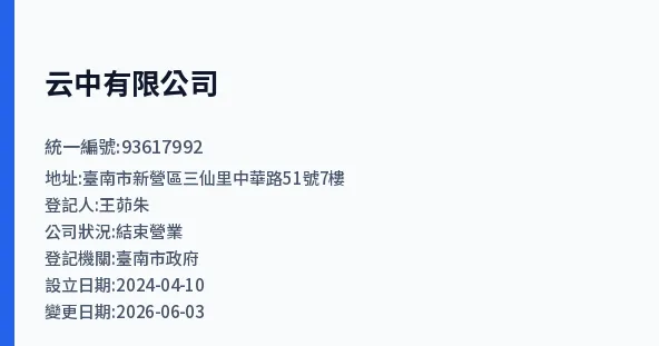 云中有限公司的照片-統編 93617992(臺南市) 公司登記資料與營業項目詳細圖表