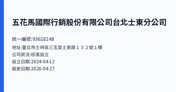 五花馬國際行銷股份有限公司台北士東分公司的照片-統編 93618248(臺北市) 公司登記資料與營業項目詳細圖表