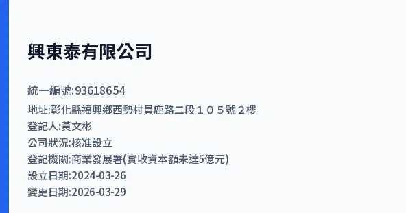 興東泰有限公司的照片-統編 93618654(彰化縣) 公司登記資料與營業項目詳細圖表