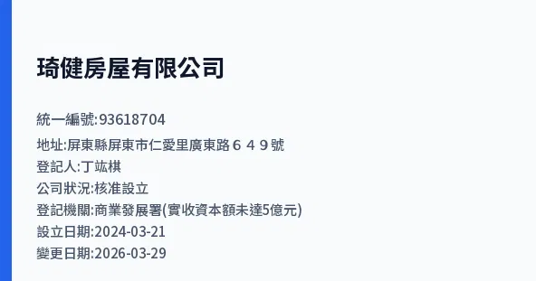 琦健房屋有限公司的照片-統編 93618704(屏東縣) 公司登記資料與營業項目詳細圖表
