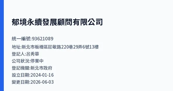 郁境永續發展顧問有限公司的照片-統編 93621089(新北市) 公司登記資料與營業項目詳細圖表