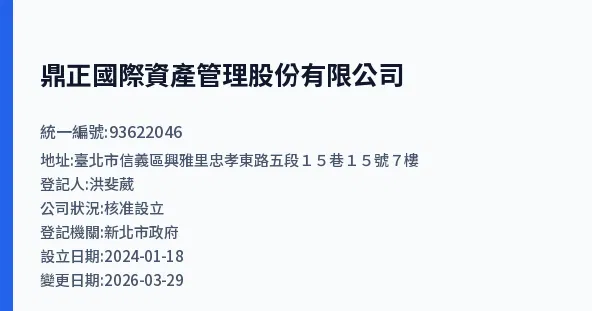 鼎正國際資產管理股份有限公司的照片-統編 93622046(臺北市) 公司登記資料與營業項目詳細圖表