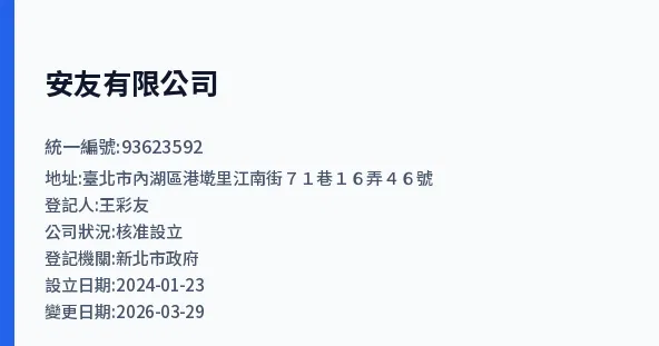安友有限公司的照片-統編 93623592(臺北市) 公司登記資料與營業項目詳細圖表