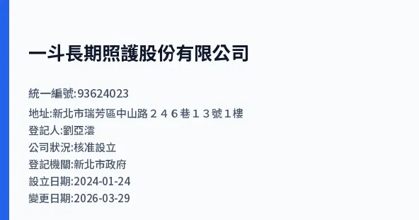 一斗長期照護股份有限公司的照片-統編 93624023(新北市) 公司登記資料與營業項目詳細圖表