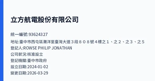 立方航電股份有限公司的照片-統編 93624327(臺中市) 公司登記資料與營業項目詳細圖表