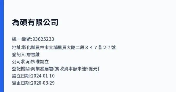 為碩有限公司的照片-統編 93625233(彰化縣) 公司登記資料與營業項目詳細圖表
