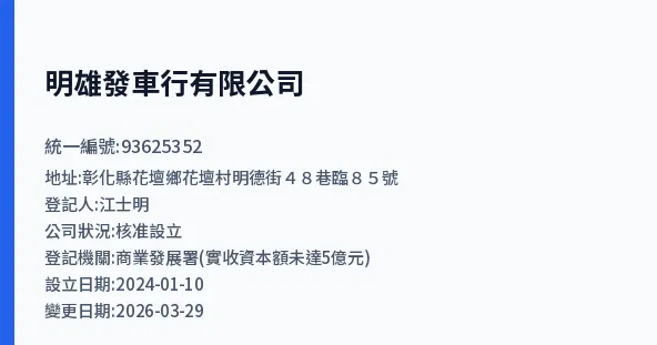 明雄發車行有限公司的照片-統編 93625352(彰化縣) 公司登記資料與營業項目詳細圖表