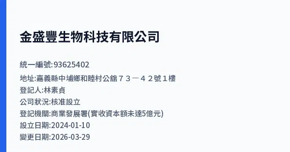 金盛豐生物科技有限公司的照片-統編 93625402(嘉義縣) 公司登記資料與營業項目詳細圖表