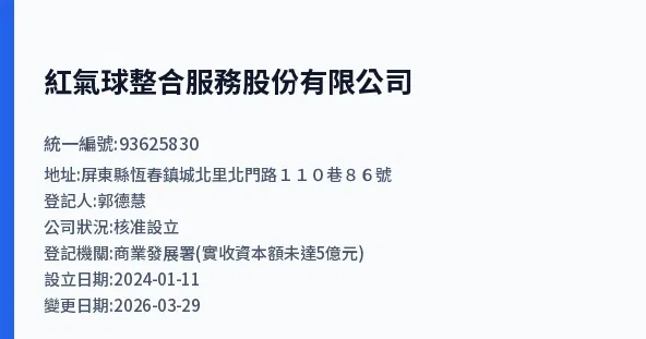 紅氣球整合服務股份有限公司的照片-統編 93625830(屏東縣) 公司登記資料與營業項目詳細圖表