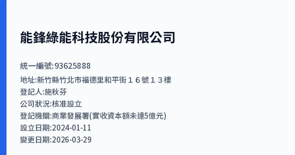 能鋒綠能科技股份有限公司的照片-統編 93625888(新竹縣) 公司登記資料與營業項目詳細圖表
