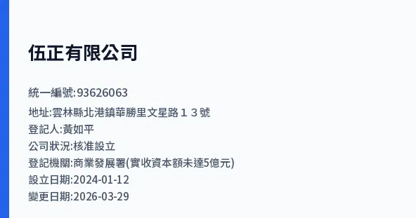 伍正有限公司的照片-統編 93626063(雲林縣) 公司登記資料與營業項目詳細圖表