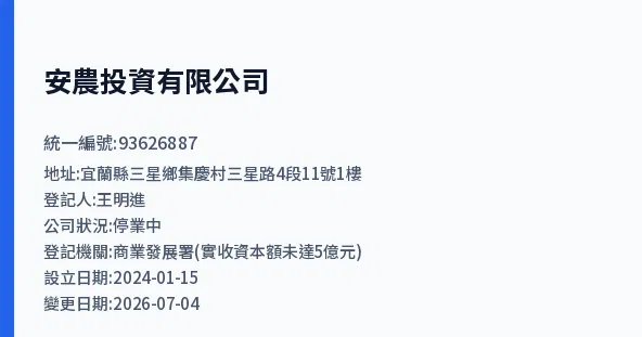 安農投資有限公司的照片-統編 93626887(宜蘭縣) 公司登記資料與營業項目詳細圖表