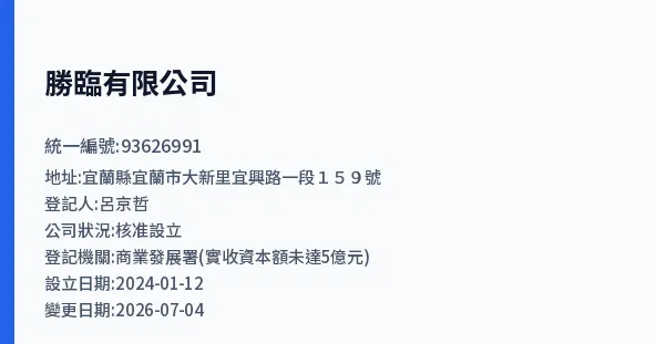 勝臨有限公司的照片-統編 93626991(宜蘭縣) 公司登記資料與營業項目詳細圖表