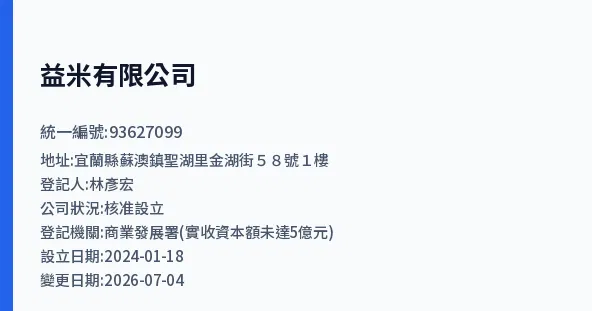益米有限公司的照片-統編 93627099(宜蘭縣) 公司登記資料與營業項目詳細圖表