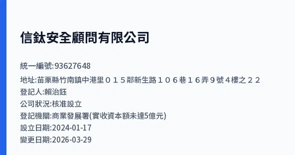 信鈦安全顧問有限公司的照片-統編 93627648(苗栗縣) 公司登記資料與營業項目詳細圖表