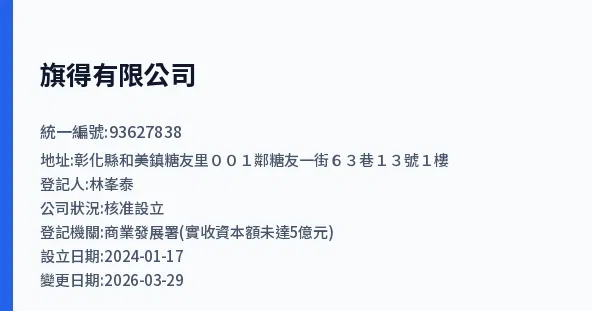 旗得有限公司的照片-統編 93627838(彰化縣) 公司登記資料與營業項目詳細圖表