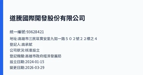 道騰國際開發股份有限公司的照片-統編 93628421(高雄市) 公司登記資料與營業項目詳細圖表