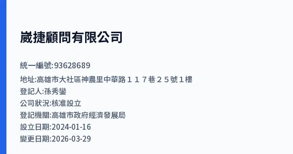 崴捷顧問有限公司的照片-統編 93628689(高雄市) 公司登記資料與營業項目詳細圖表