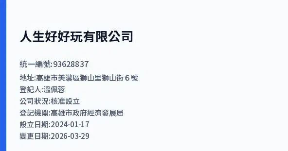 人生好好玩有限公司的照片-統編 93628837(高雄市) 公司登記資料與營業項目詳細圖表