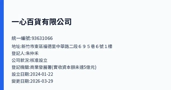 一心百貨有限公司的照片-統編 93631066(新竹市) 公司登記資料與營業項目詳細圖表