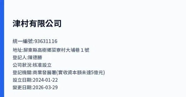 津村有限公司的照片-統編 93631116(屏東縣) 公司登記資料與營業項目詳細圖表
